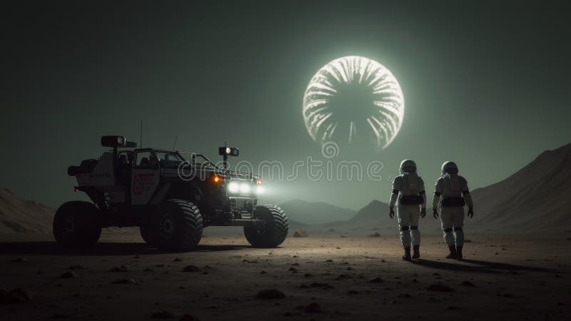 Two Astronauts in Space Suits and Rover Standing on the Mars Stock ...