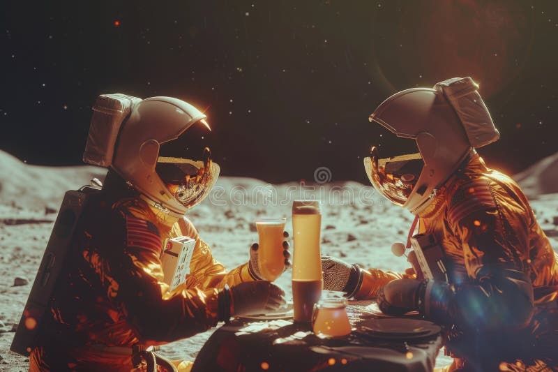 Astronauts Enjoy a Romantic Breakfast on the Moon Stock Illustration ...
