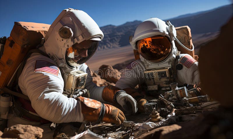 Two Astronauts in Space Suits Sitting on Rocks Stock Image - Image of ...