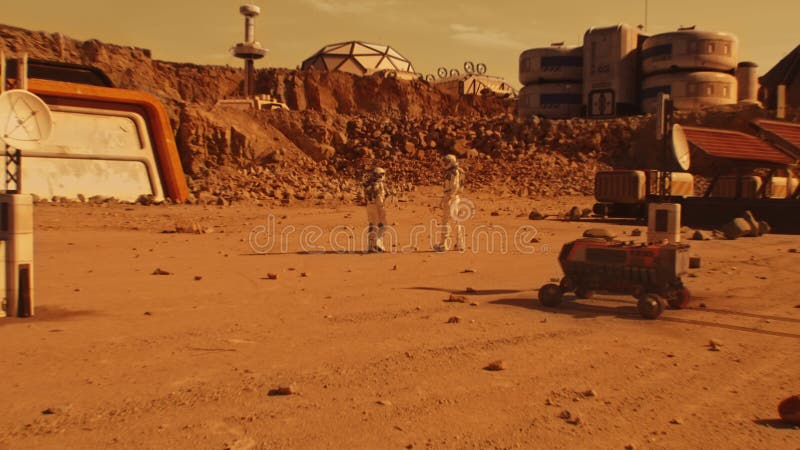 Two Astronauts Walk on Mars Surface Near Scientific Base Stock Footage ...