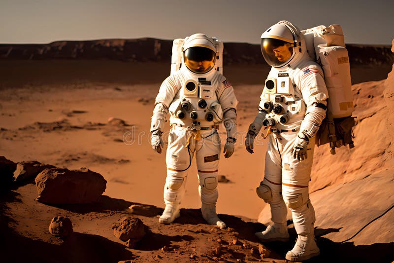 Two Astronauts in Space Suits Walking on a Rocky Surface of ... Two Astronauts in Space Suits Walking on a Rocky Surface of ...