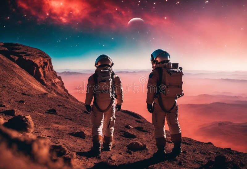 Two Astronauts in Spaces are on a Rocky Surface Near the Planet Stock ...