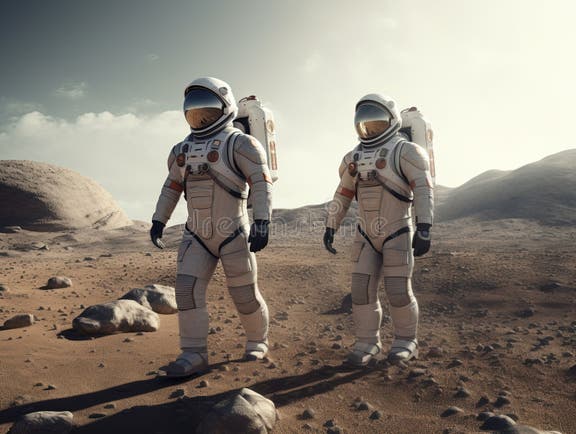 Two Astronauts in SpaceSuits Exploring Unknown Planet Stock Illustration - Illustration of mars ...