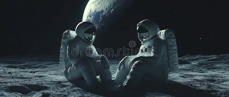 Two Astronauts in Spacesuits Sit on the Moon S Surface, Staring at the ...