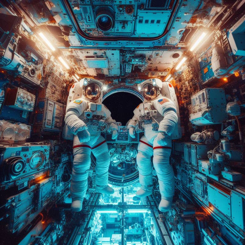 Two Astronauts in Spacesuits on an Space Station. Space Travel and ...