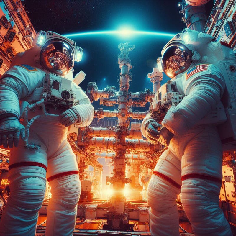 Two Astronauts in Spacesuits on an Space Station. Space Travel and ...