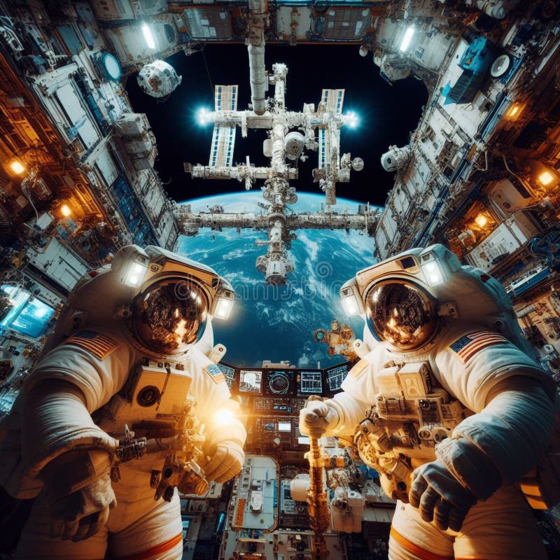 Two Astronauts in Spacesuits on an Space Station. Space Travel and ...