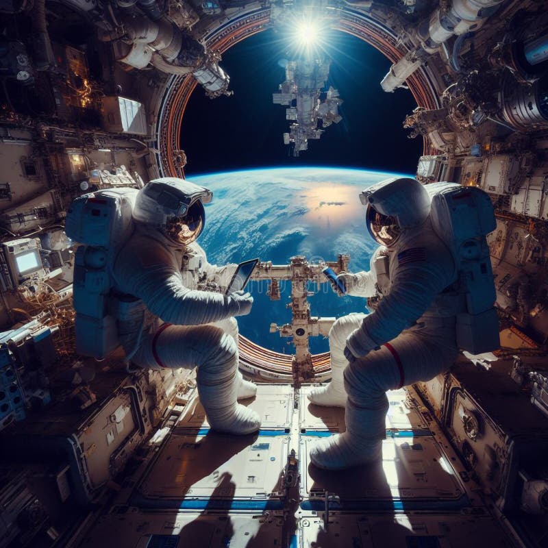 Two Astronauts in Spacesuits on an Space Station. Space Travel and ...