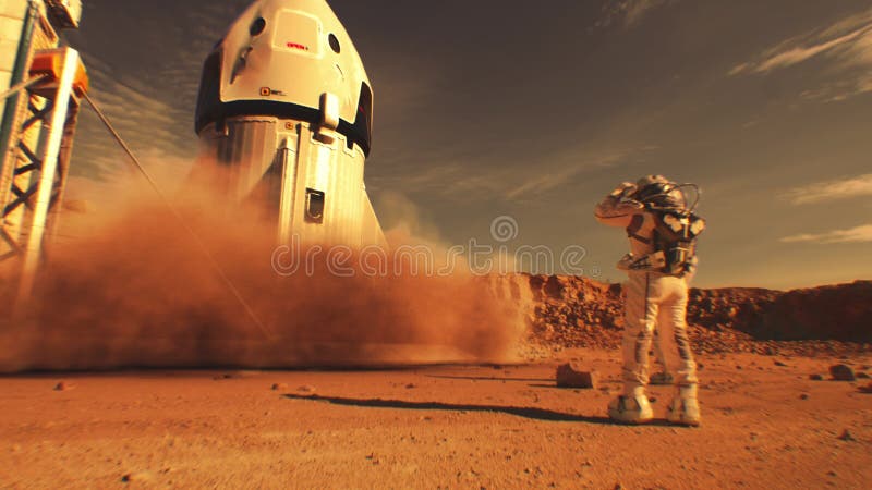 Two Astronauts Watch Spacecraft Landing on Mars Surface Stock Footage ...