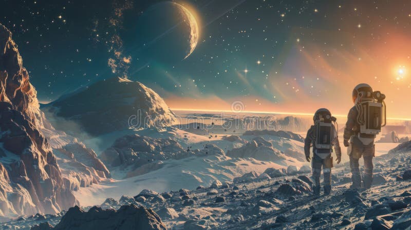Astronauts Exploring Alien Planet Surface during Sunset with Stars and ...
