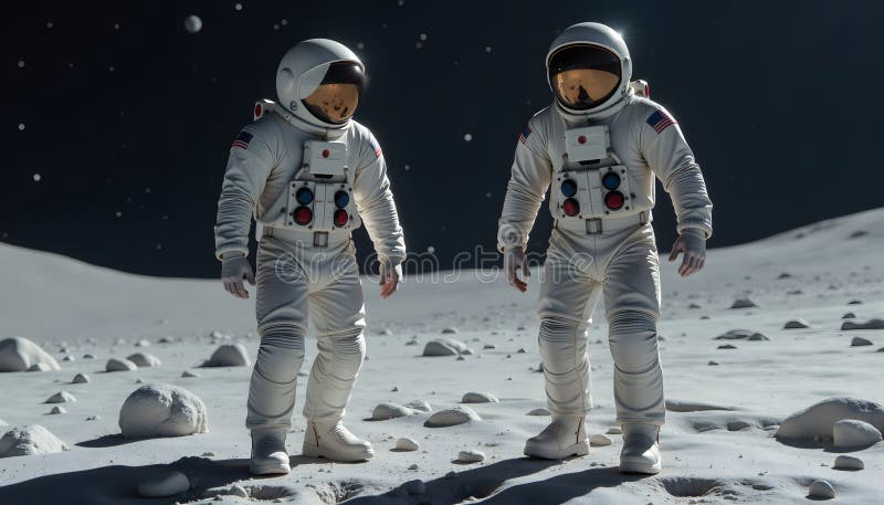 Two Astronauts in Spacesuits Walking on Moon Surface, Exploring Space ...