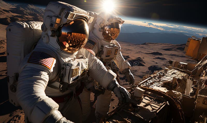 Two Astronauts Walking on Earths Surface Stock Image - Image of ...