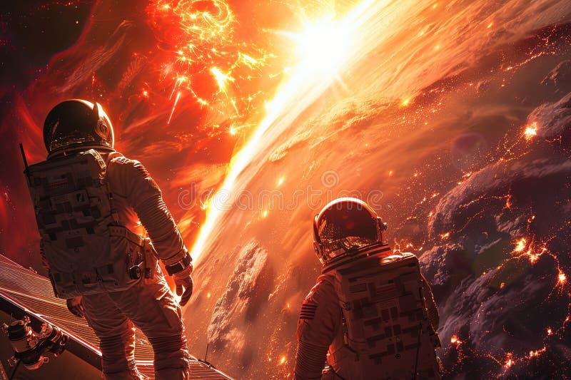 Two Astronauts in Spacesuits Walking Up a Ramp Towards a Massive Space ...