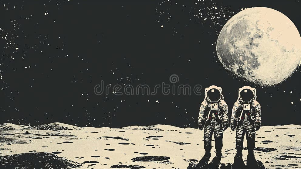 Two Astronauts Stand on the Moon, Facing a Large, Full Moon in a Dark ...