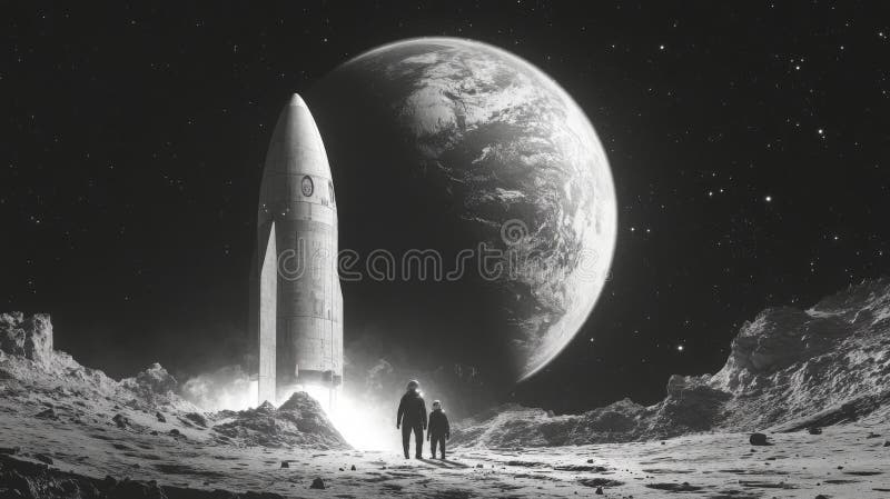 Two Astronauts Stand on the Moon, Gazing at Rocket Taking Off with ...