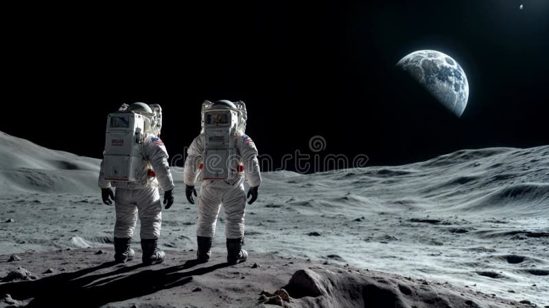 Two Astronauts Stand on the Surface of the Moon, Gazing at the Distant ...