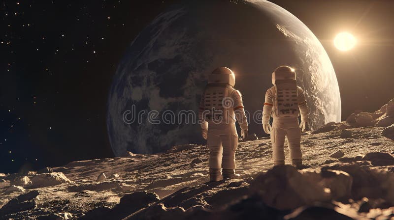 Two Astronauts Standing on the Moon in Outer Space, AI-generated. Stock ...