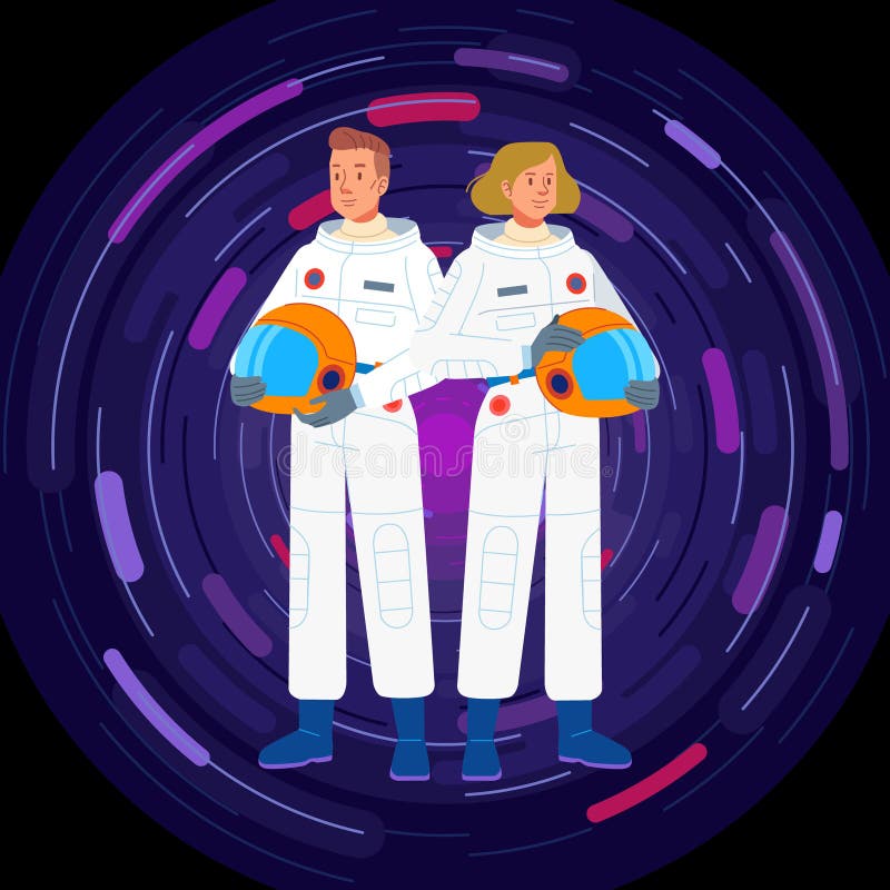 Two Astronauts are Standing on Starry Sky Background. Man and Woman ... Two Astronauts are Standing on Starry Sky Background. Man and Woman ...