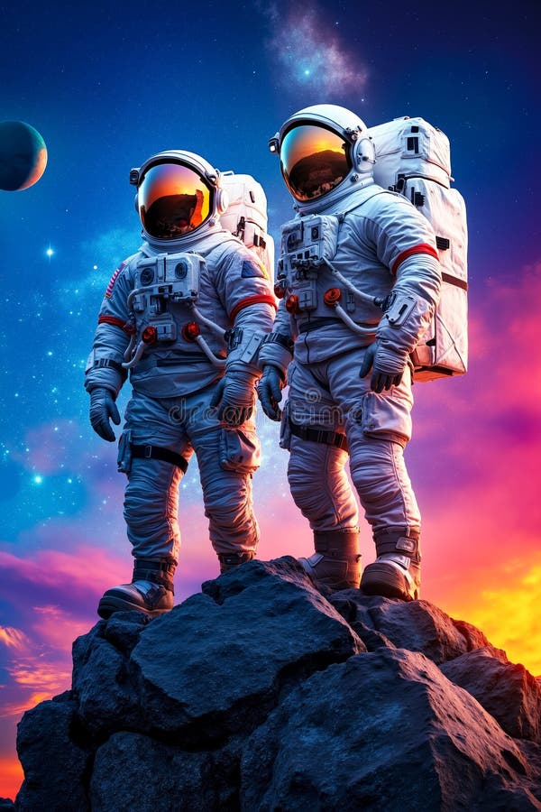 Two Astronauts Standing on Top of a Rock in Front of a Sunset Stock ...