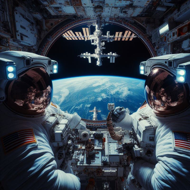 Two Astronauts Using Control Panel while Orbiting Around a Planet in a ...