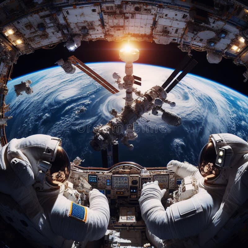 Two Astronauts Using Control Panel while Orbiting Around a Planet in a ...