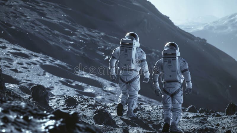 Two Astronauts Walk on a Rocky Surface in Space. the Scene is Dark and ...