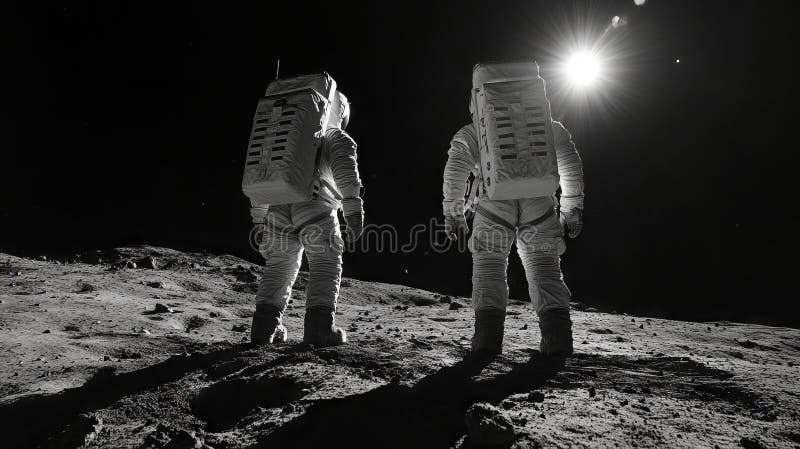 Two Astronauts Walking on the Moon with Backpacks on Their Backs Stock ...