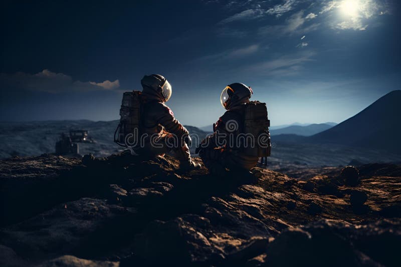 Two Astronauts Watch the Sunset from the Mountain S Peak in Space, AI ...