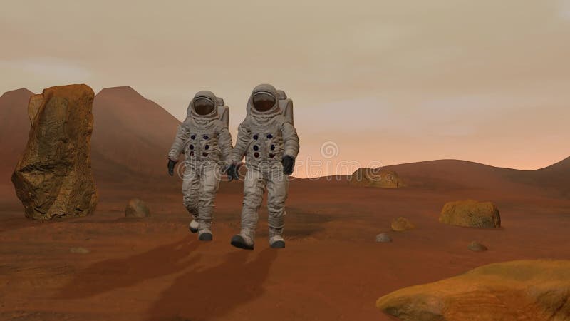 Two Astronauts Wearing Space Suit Walking on the Surface of Mars ...
