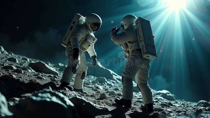 Two Astronauts in White Spacesuits Exploring Lunar Surface with ...