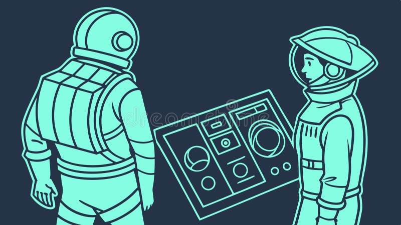 Two Astronauts Working Together at a Control Panel in Space. Vector ...