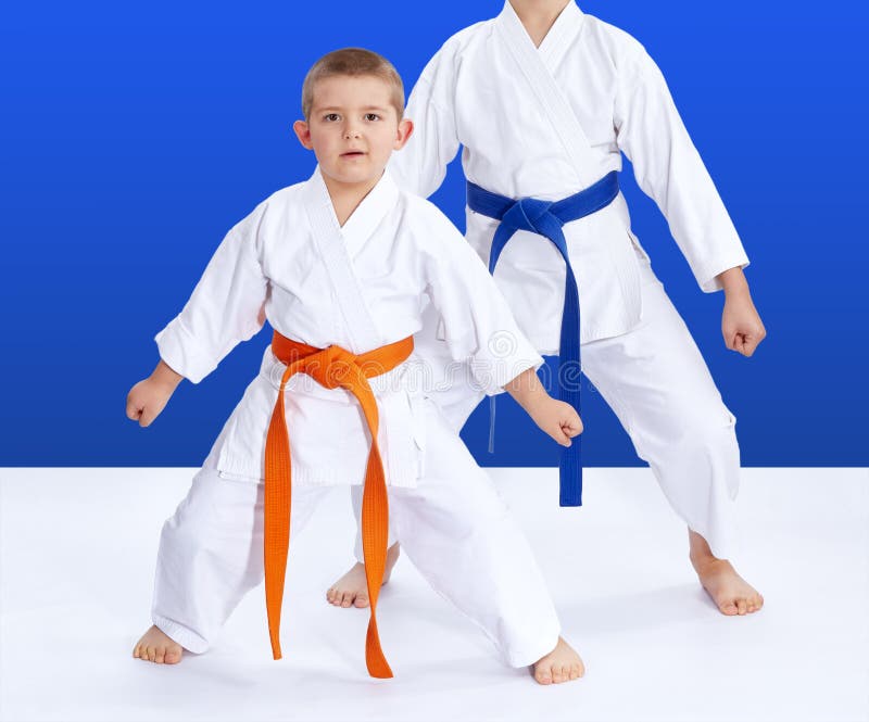 On a Blue Background, a Young Athlete Performs a Punch Arm Stock Image ...