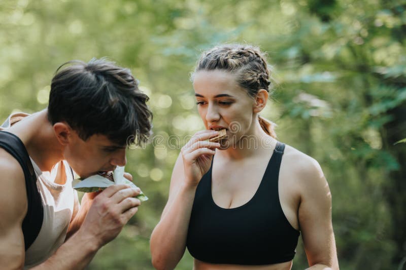 Two Athletes Eating Energy Bars while Hiking in a Forest Stock Image ...