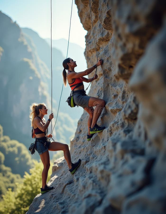 Two Female Climbers Scaling Rocky Mountain Face Outdoor Adventure AI ...