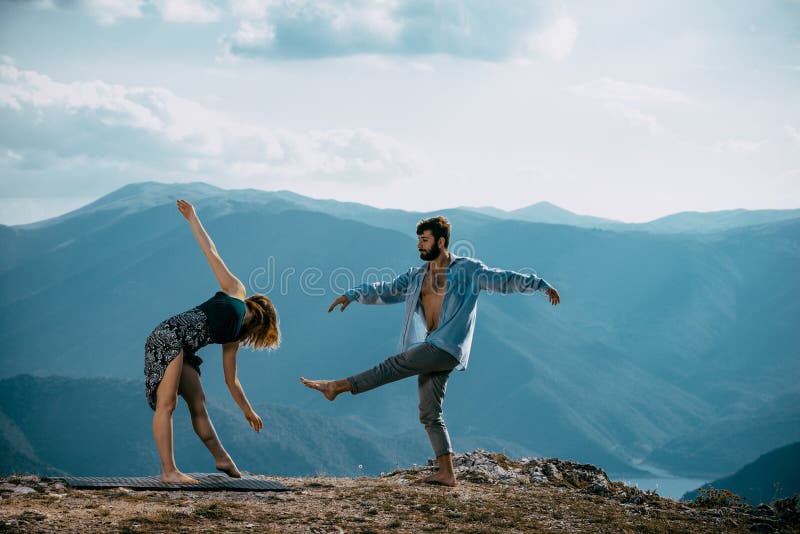 Acrobat Pose of a Two Talented, Young Dancers Exercise Modern Dance ...