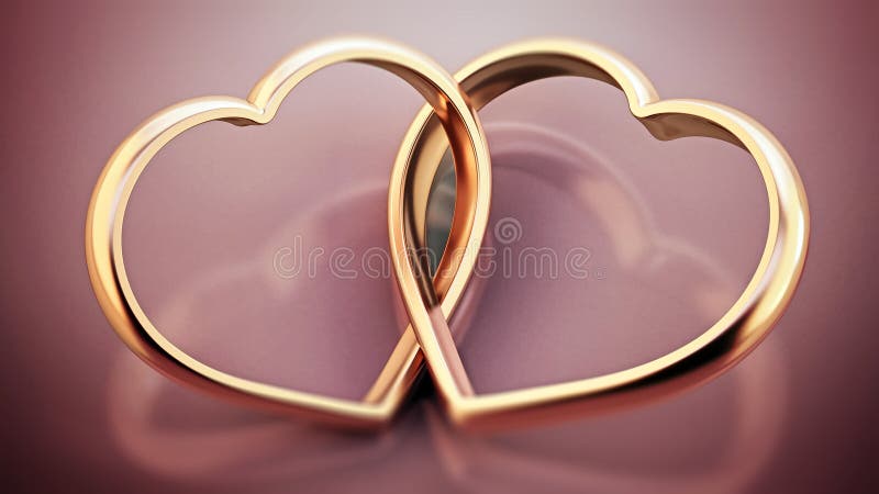Two Attached Heart Shaped Rings Standing on Pink Background. 3D ...