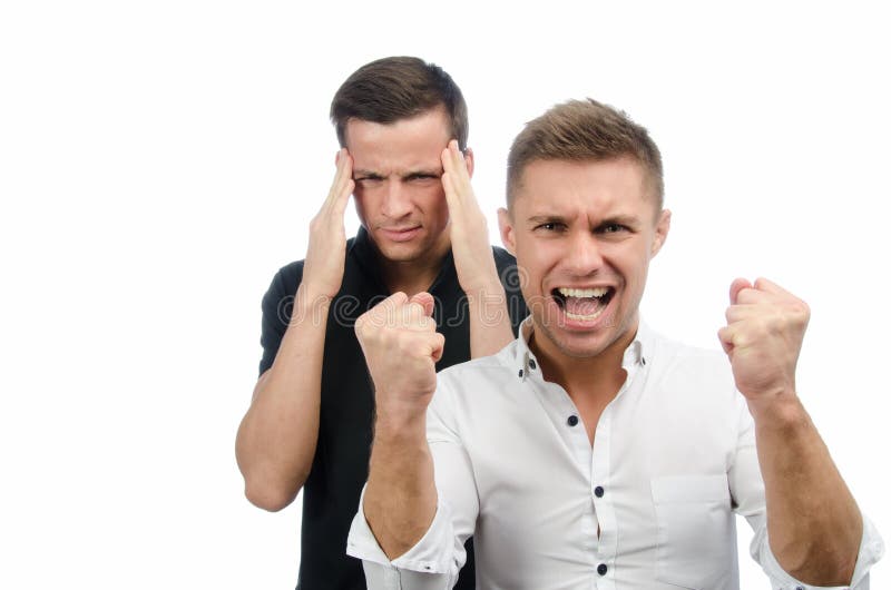 Two Attractive Guys Swear. White Background. Stock Image - Image of ...