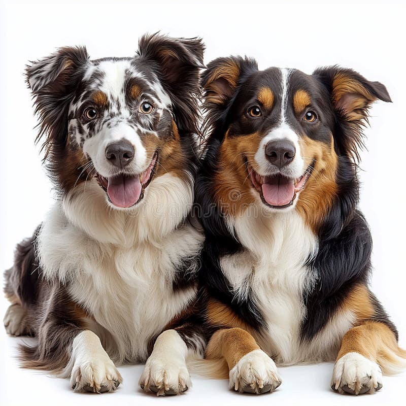 Two Australian Shepherd Dogs Smiling on a White Background Isolated on ...