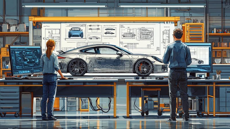 Two Automotive Engineers Discussing a Concept Car Design in Modern ...