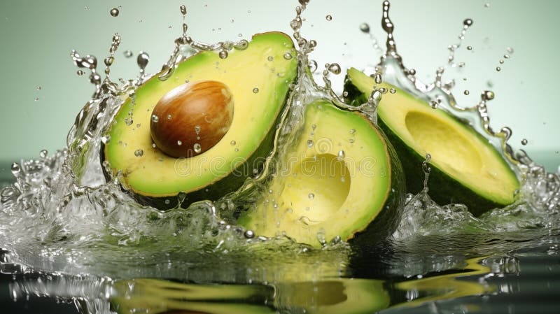 Two Avocado Halves, a Yellow Fruit, are Falling into the Liquid Stock ...