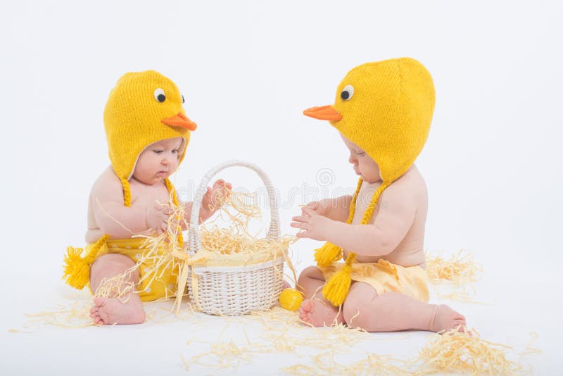 Two Babies in Chicken Costumes with White Basket Stock Photo - Image of ...
