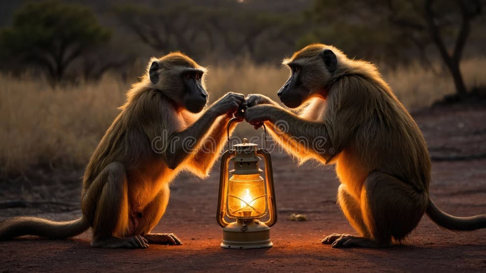 Two Baboons Sharing Warmth with a Lantern at Sunset in Africa Stock ...