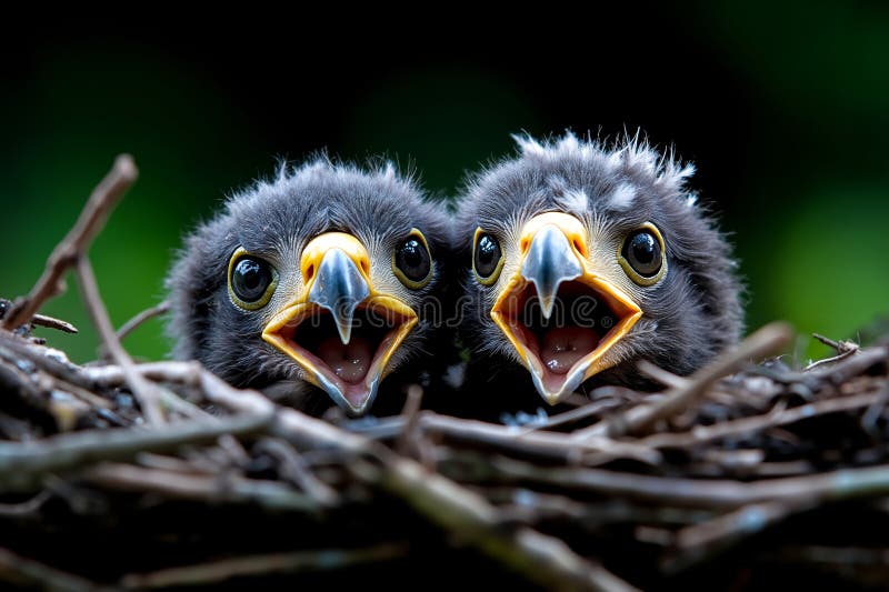 Two Baby Birds in a Nest with Their Mouths Open Stock Photo - Image of ...