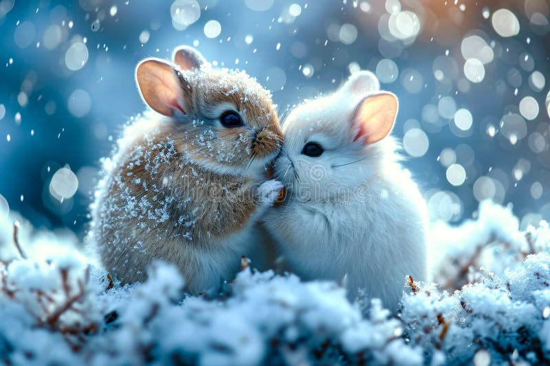 Two Baby Bunnies Playing in the Snow with Each Other. Generative AI ...