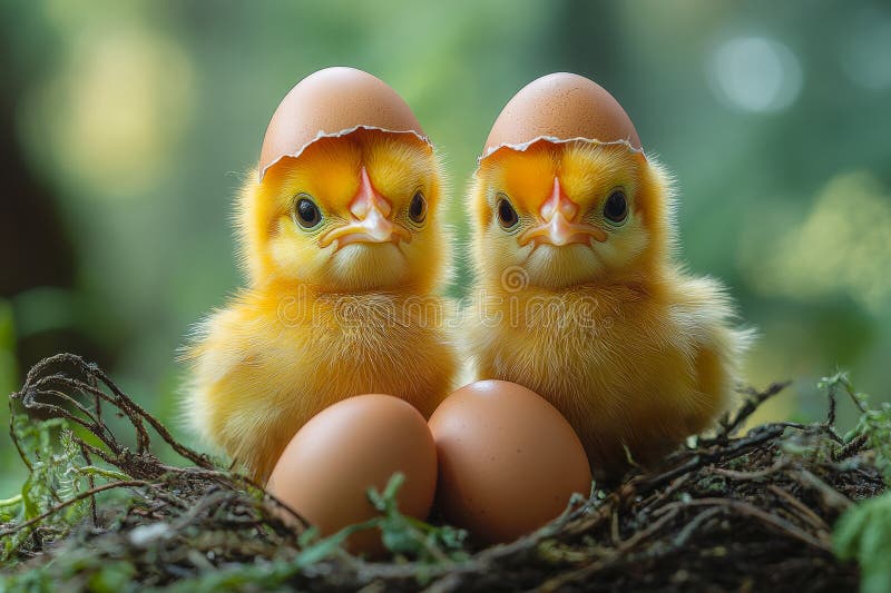 Two Baby Chicks are Sitting on a Nest with Three Eggs Stock Photo ...