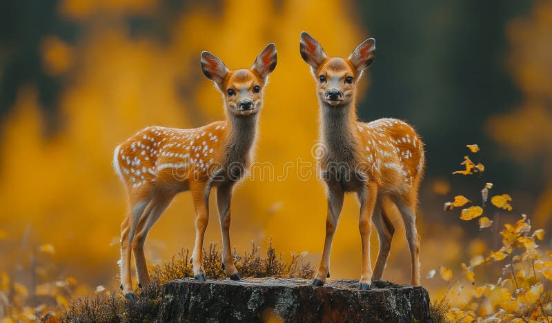 Two Baby Deer Standing on a Log in a Forest Stock Image - Image of ...