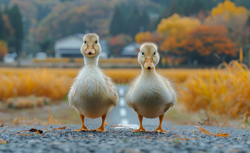 Two Baby Ducks Standing on a Road in Front of a House. the Ducks are ...