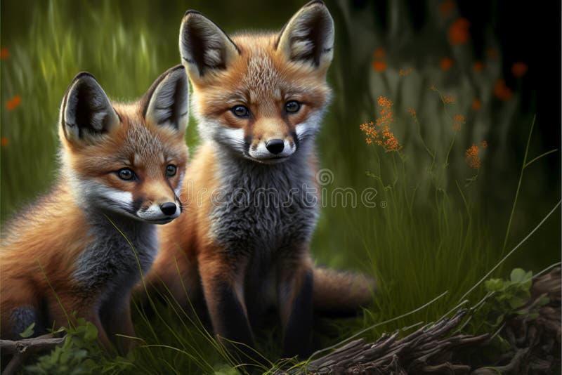 Two Baby Foxes Sitting in Grass Stock Illustration - Illustration of ...