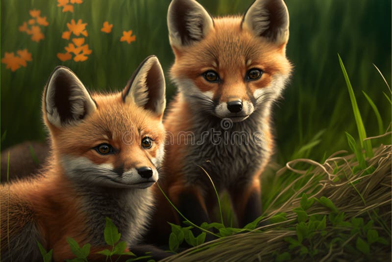 Two Baby Foxes Sitting in Fall Leaves Stock Illustration - Illustration ...