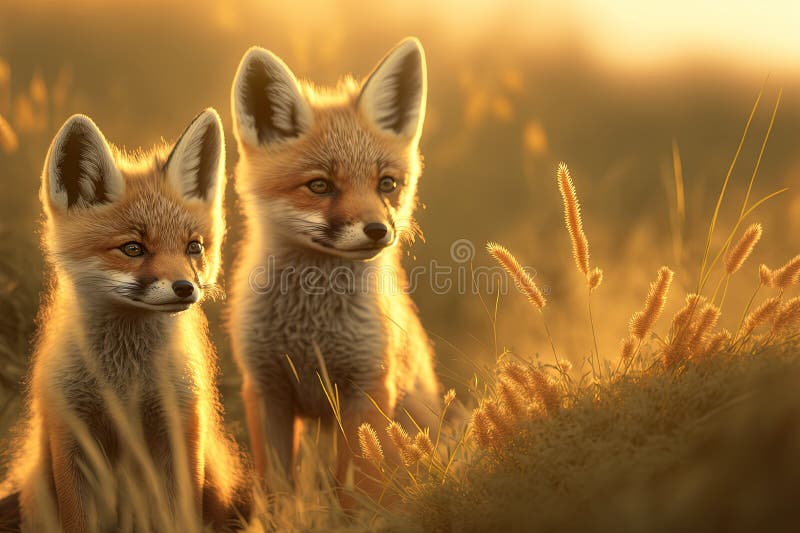 Two Baby Foxes Sitting in Grass. Generative AI Stock Illustration ...